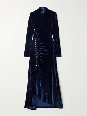 Rabanne Asymmetric Ruched Velvet Turtleneck Dress