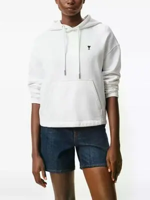 AMI Paris Cotton De Coeur Cropped Hoodie - White