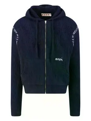 Marni Ribbed Knit Zip-up Hooded Cardigan With Embroidered Details - Blue
