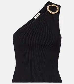 Simkhai Fenix One-shoulder Ribbed-knit Top With Gold Hardware - Black