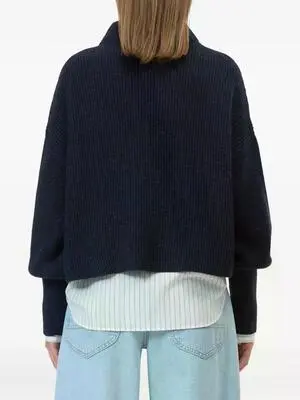 Closed Ribbed Knit Funnel Neck Sweater - Blue