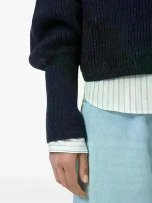 Closed Ribbed Knit Funnel Neck Sweater - Blue