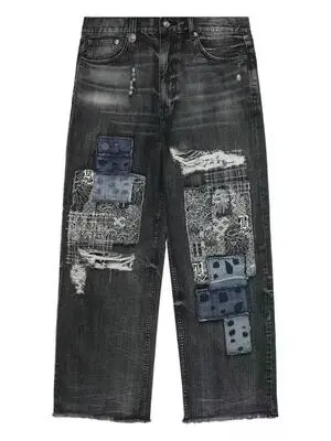 A BATHING APE Patchwork Frayed Loose-fit Jeans - Black