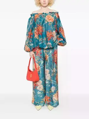 ALEMAIS Floral Print Pleated Wide Leg Trousers - Blue
