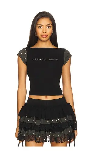 ZEMETA Boatneck Cropped Top With Graphic Print - Black
