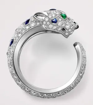 Cartier Panthère De Ring In 18k Gold With Diamonds, Emeralds, Sapphires And Onyx