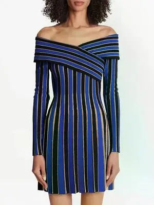 Balmain Striped Off-shoulder Long Sleeve Dress