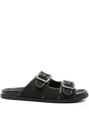 Gucci Calf Leather Double Buckle Flat Sandals - Black