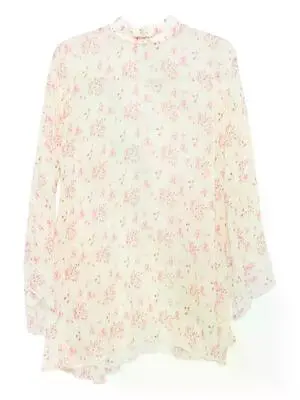STYLAND Ecru Floral Print Mini Dress With Mock Neck And Pleated Detailing