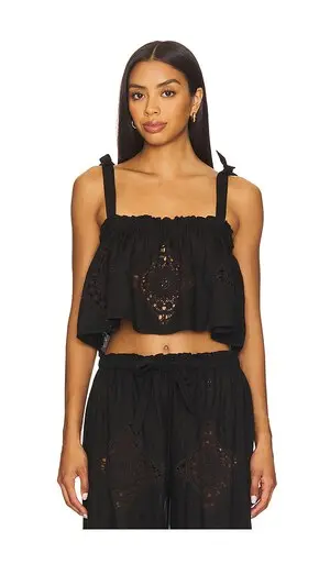 Tularosa Tularosa Olivia Top - Cropped Linen Blend With Tie Shoulder Straps Black