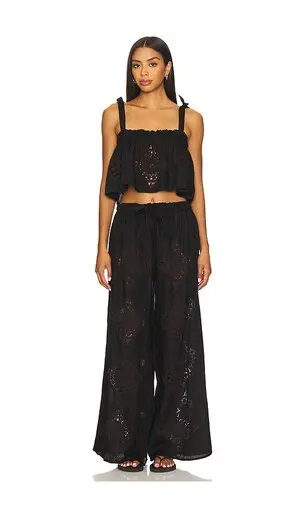 Tularosa Olivia Top Cropped Linen Blend With Tie Shoulder Straps - Black