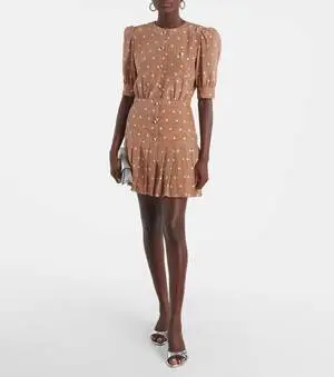 Alessandra Rich Pleated Polka Dot Silk Mini Dress