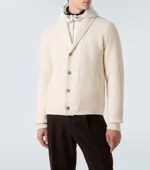Herno Ribbed-knit Wool Cardigan With Detachable Hood - White