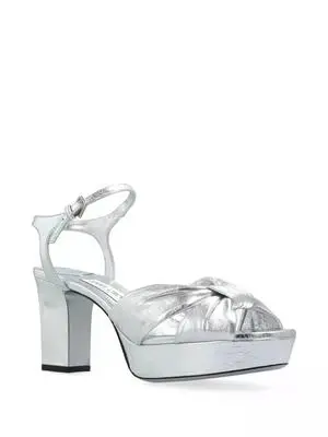JIMMY CHOO Heloise 80 Metallic Leather Platform Sandals - Silver