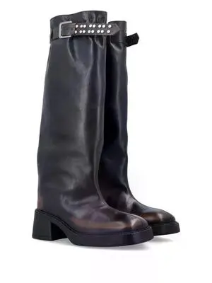 MIISTA Buckled Studded Block Heel Boots