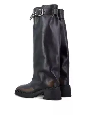 MIISTA Buckled Studded Block Heel Boots