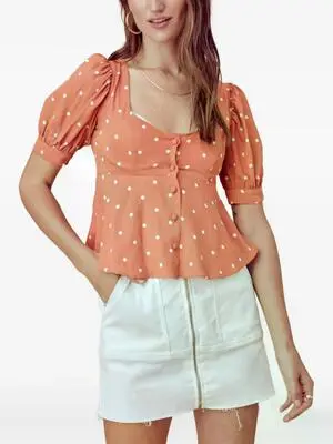 For Love & Lemons Polka Dot Puff Sleeve Blouse - Orange