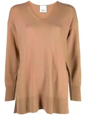 ALLUDE V-neck Long Sleeve Jumper - Brown