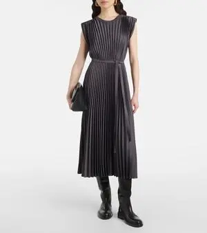 JOSEPH Volta Belted Plissé Satin Midi Dress - Grey
