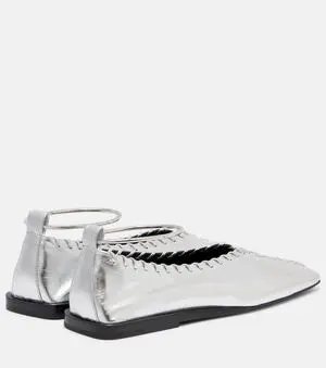 JIL SANDER Leather Ballet Flats With Tone Ankle Strap - Silver