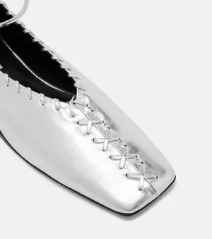 JIL SANDER Leather Ballet Flats With Tone Ankle Strap - Silver