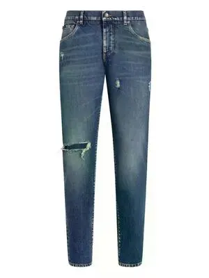Dolce & Gabbana Distressed Knee Slit Slim Fit Jeans - Blue