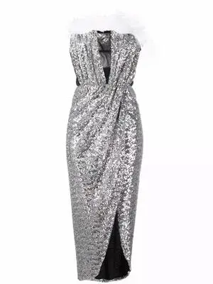 Nervi Sequined Feather-detail Off-shoulder Dress - Silver
