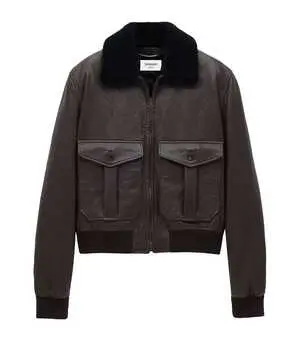 Saint Laurent Shearling Collar Leather Bomber Jacket