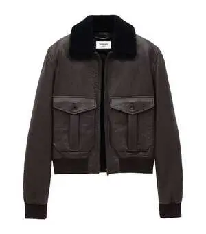 Saint Laurent Shearling Collar Leather Bomber Jacket