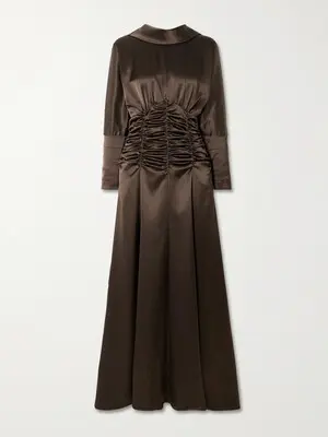 VIOLANTE NESSI Edgar Button-embellished Ruched Satin Gown - Brown