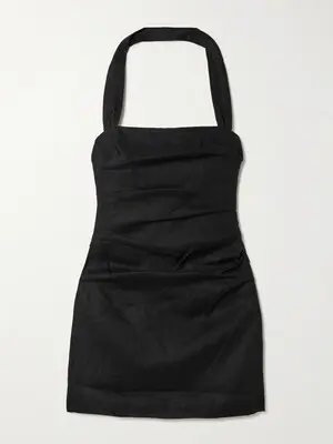 SIR. The Noemi Ruched Linen Halterneck Mini Dress - Black