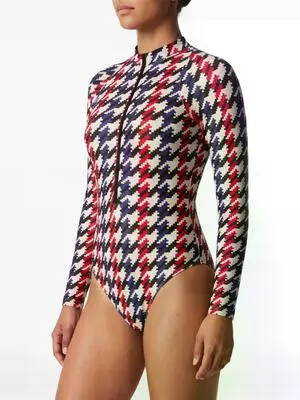 Perfect Moment Houndstooth Long Sleeve Half-zip Swimsuit - White