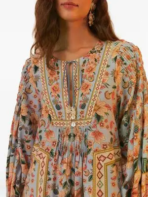 Farm Rio Floral Print Midi Dress With Tie Detail - Blue