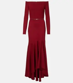 Elie Saab Belted Off-shoulder Jersey Gown - Red