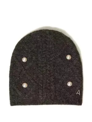 TWINSET Pearl Embellished Cable Knit Beanie Hat - Grey