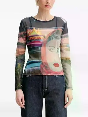 Sunnei Sheer Mesh Printed Long-sleeve Top