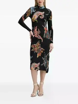 Desigual Ribbed Abstract Print Midi Dress