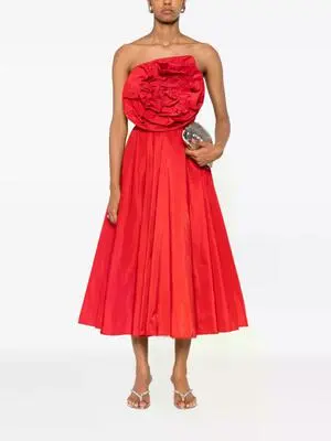 NISSA Strapless Rose Embellished A-line Midi Dress - Red