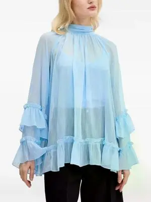 NEVER FULLY DRESSED High-neck Tiered Ruffle Blouse - Blue