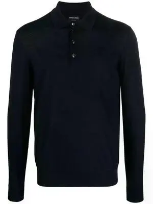 Giorgio Armani Button-front Long-sleeved Polo Shirt - Blue