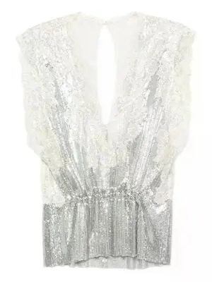 Rabanne Lace-insert Mesh Gathered Waist Top