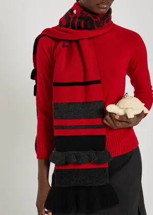 Simone Rocha Striped Ruffle-trimmed Wool-blend Scarf - Red