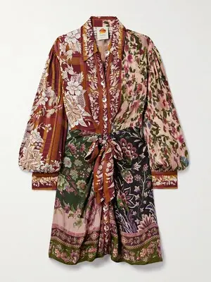 Farm Rio Tie-detailed Floral-print Twill Mini Shirt Dress - Multi