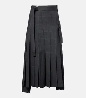 Sacai Prince Of Wales Check Wool Midi Skirt - Grey