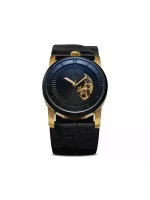FOB PARIS Automatic Watch With Embossed Leather Strap - Black