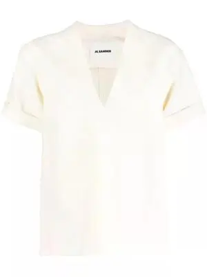 JIL SANDER V-neck Short Sleeve Linen-blend Blouse - Neutrals