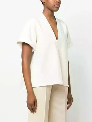 JIL SANDER V-neck Short Sleeve Linen-blend Blouse - Neutrals