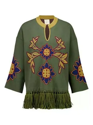PAULA Embroidered Floral Tunic With Fringe Detail - Green