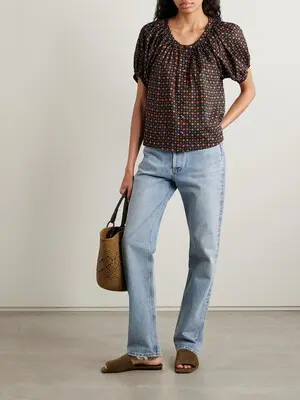 DÔEN June Gathered Floral-print Organic Cotton-voile Blouse