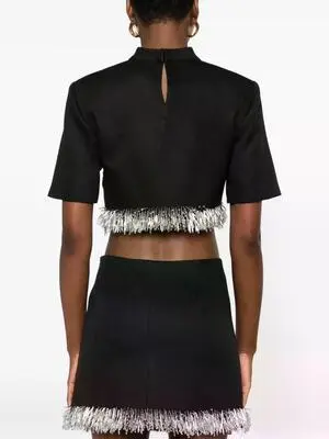 Simkhai Short Sleeve High Neck Cropped Top With Fringe Trim